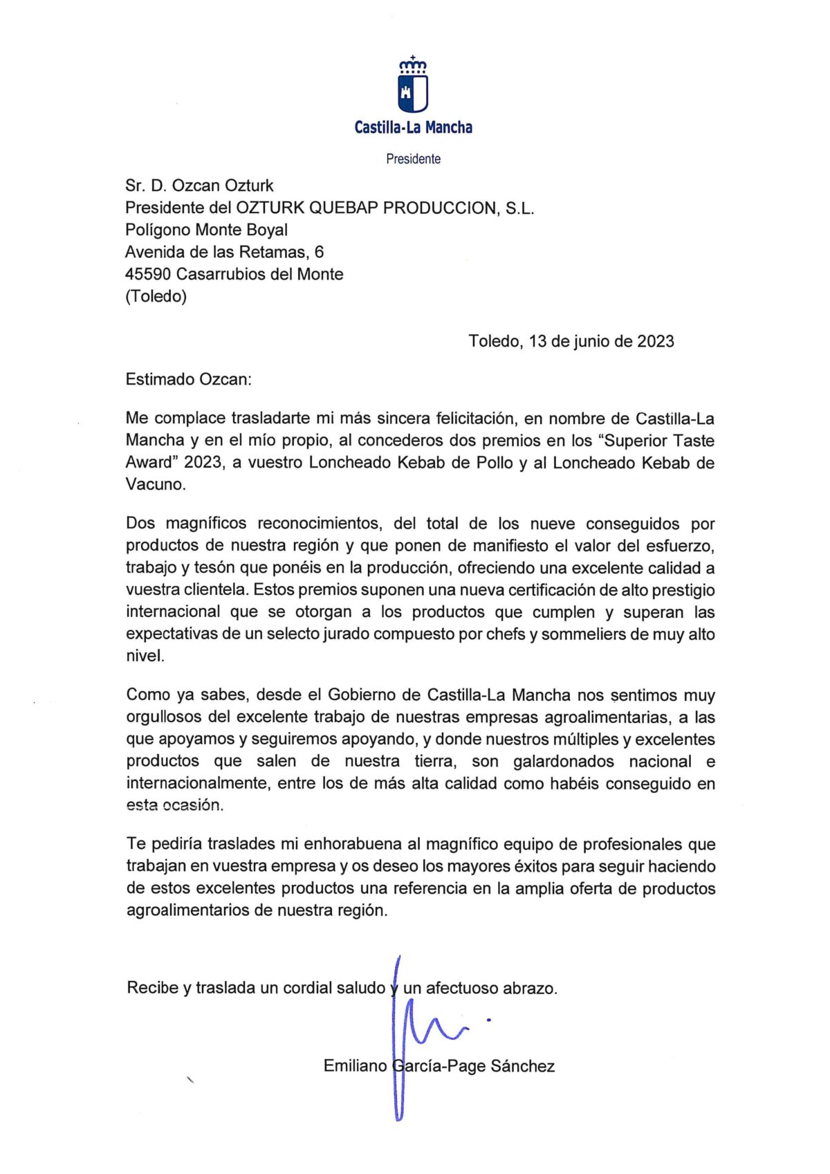 Carta del Presidente de Castilla-La Mancha - Ozturk Quebab Producción S.L.